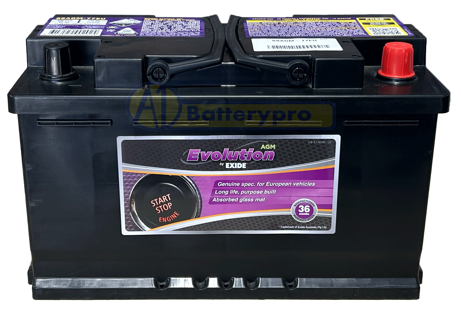 SSAGM-77EU DIN77H - 12VOLT 800CCA EXIDE AGM STOP START TECHNOLOGY ...