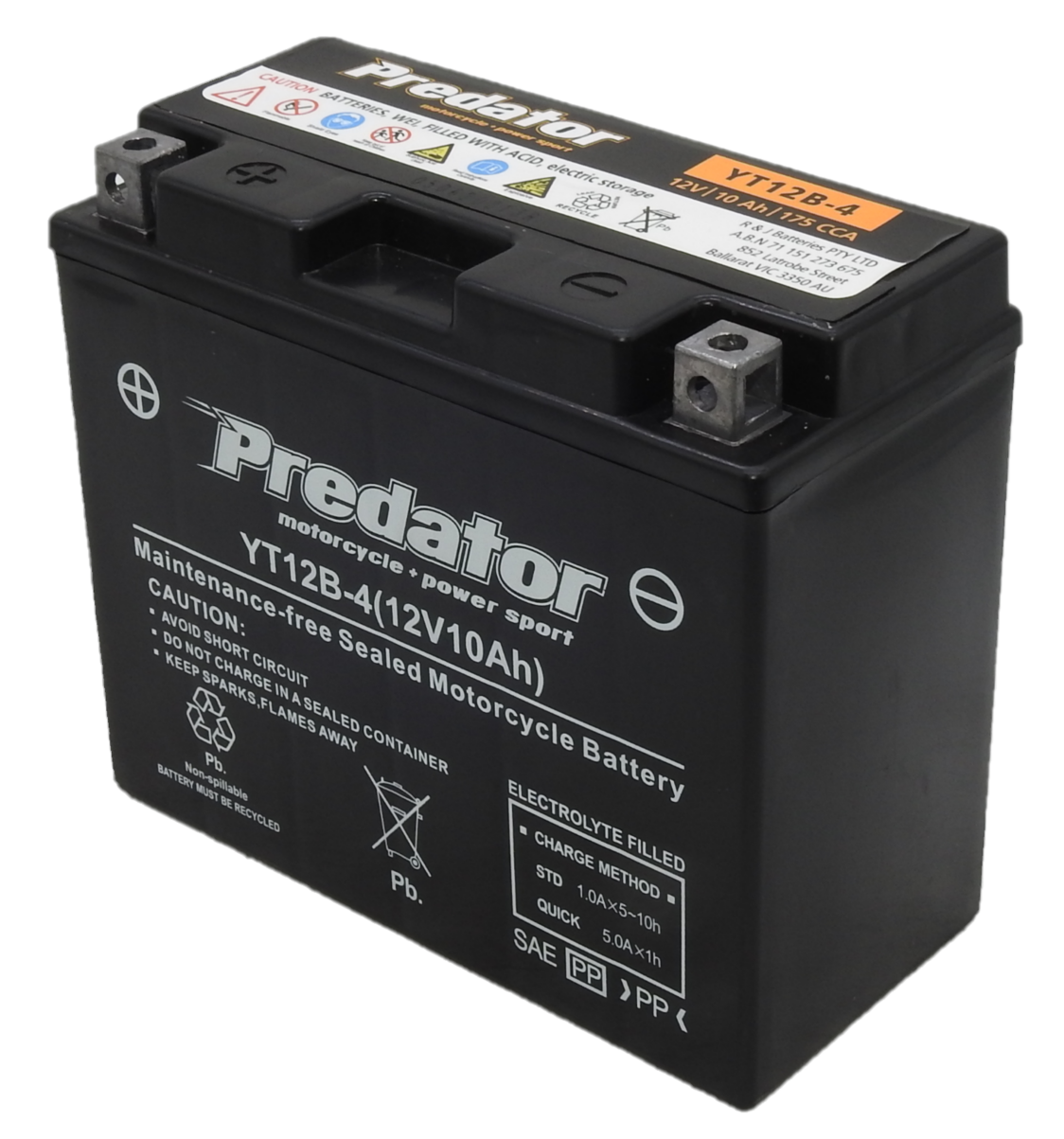PYT12B-4 YT12B-4 - 12VOLT 10AH 175CCA PREDATOR MOTORCYCLE AGM BATTERY ...