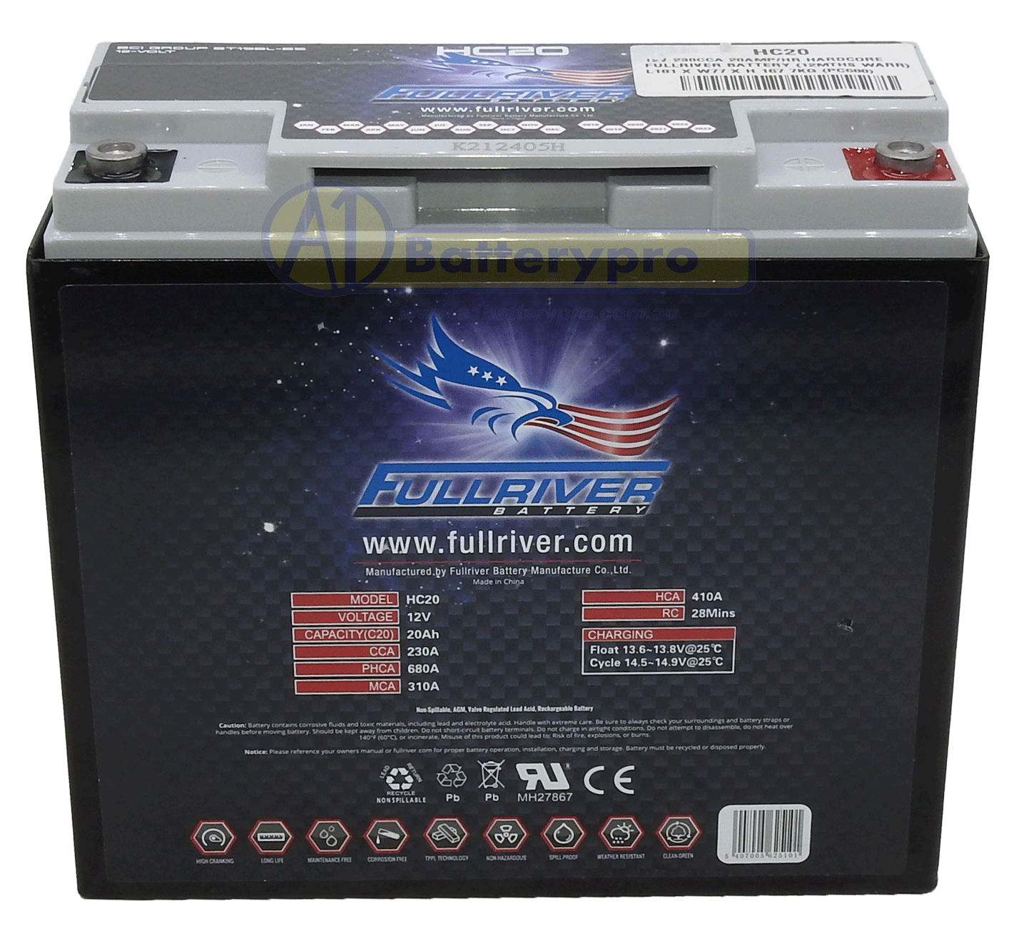 HC20 HC20 - 12VOLT 230CCA 20AMP/HR HARDCORE FULLRIVER BATTERY (PC680) - RHP - A1 Batterypro ...